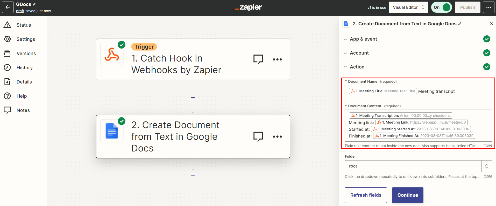 Example of Zapier Setup for Transcripts – Sembly AI